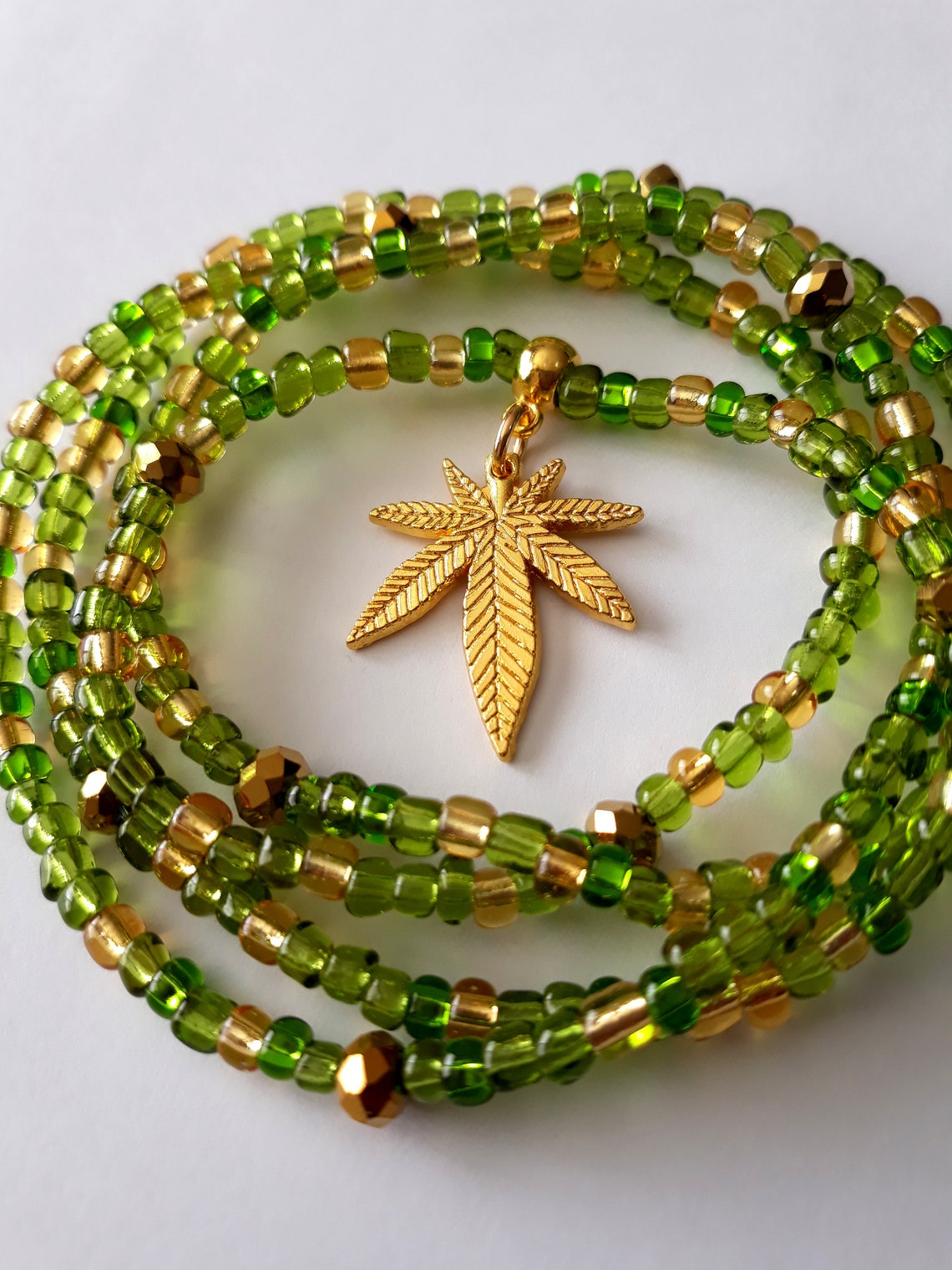 Green and Gold Glass Waist Beads With Gold 'marijuana - Etsy