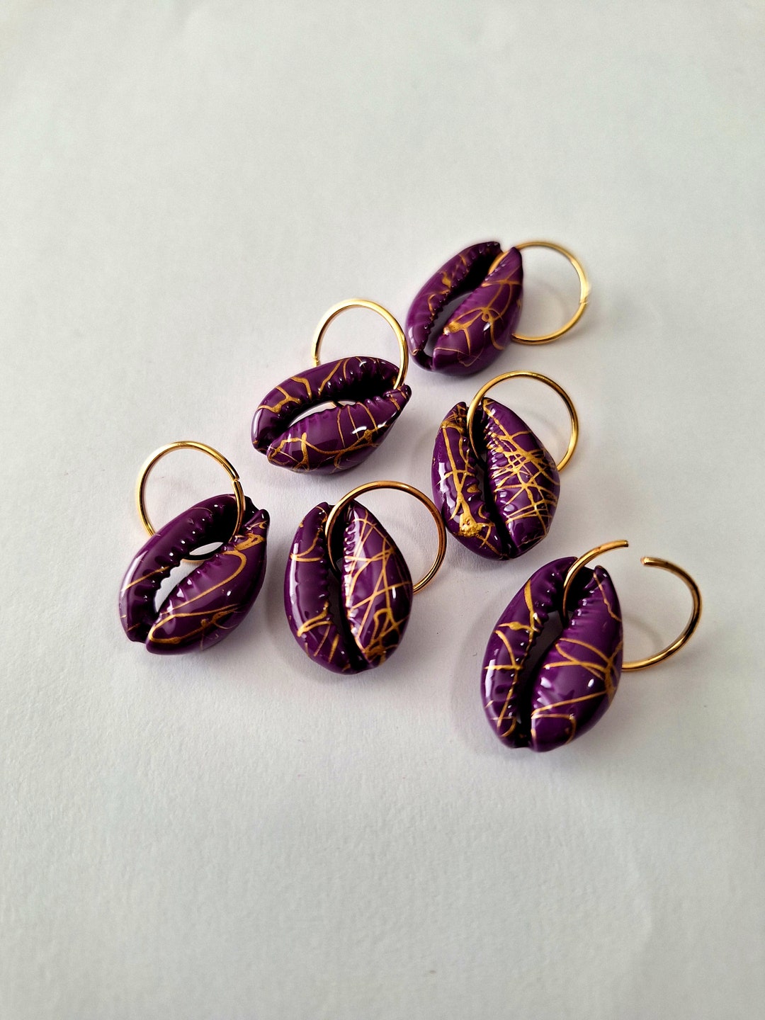 Set of 6 Natural Cowrie Shell Loc Rings Painted Purple and Gold, Loc ...
