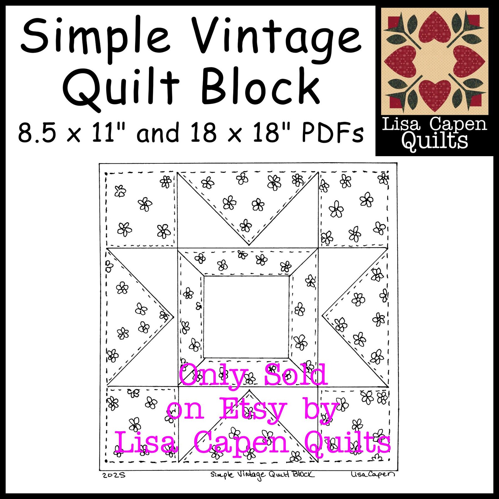 Simple Vintage Quilt Block - Drawing by LCQ - 8.5x11" and 18x18" Pdfs ...