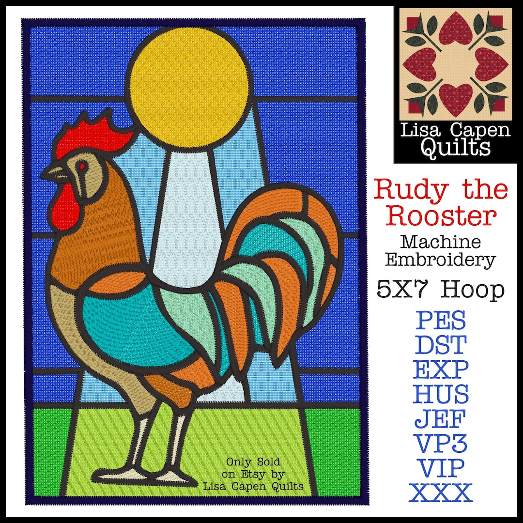 Rudy the Rooster Machine Embroidery, 5x7 Hoop or Larger, Stitch on ...
