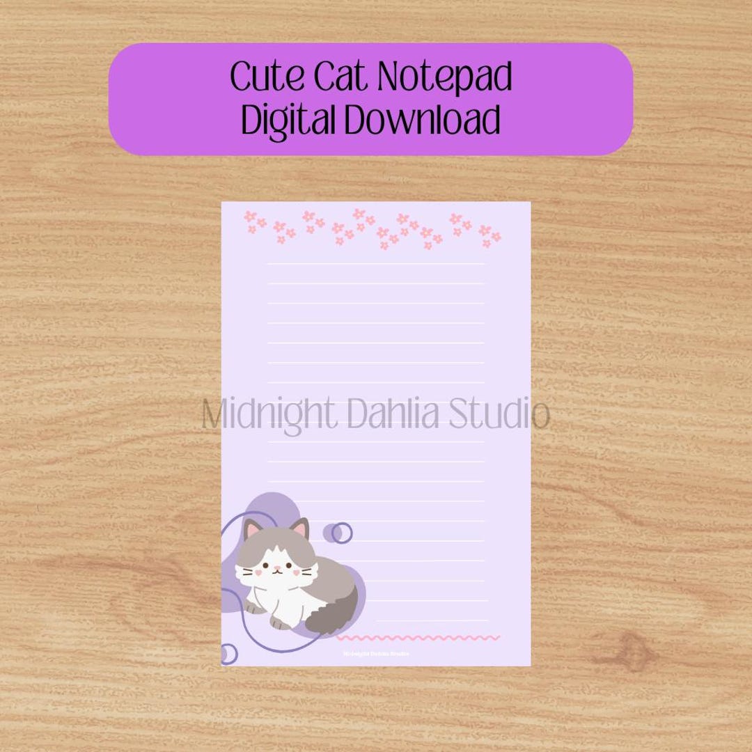Cute Cat Printable Notepad | Kitten Purple | Print | Digital Download ...