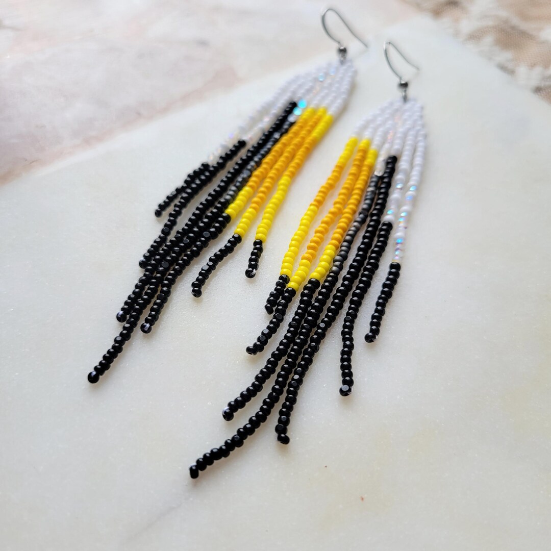 Goldfinch Bird Feather Beaded Fringe Earrings - Etsy