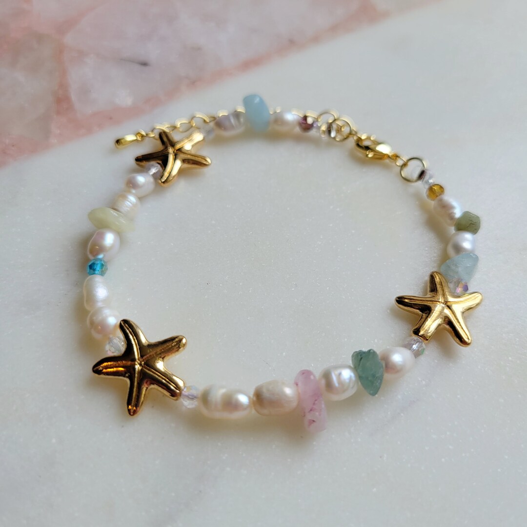 Morganite Rock Chip and Freshwater Pearl Sea Shell Bracelet - Etsy