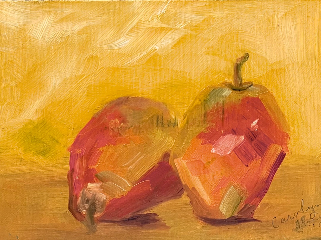 Bodegón original de peras al óleo, sobre panel de lino de 5x7 pulgadas ...
