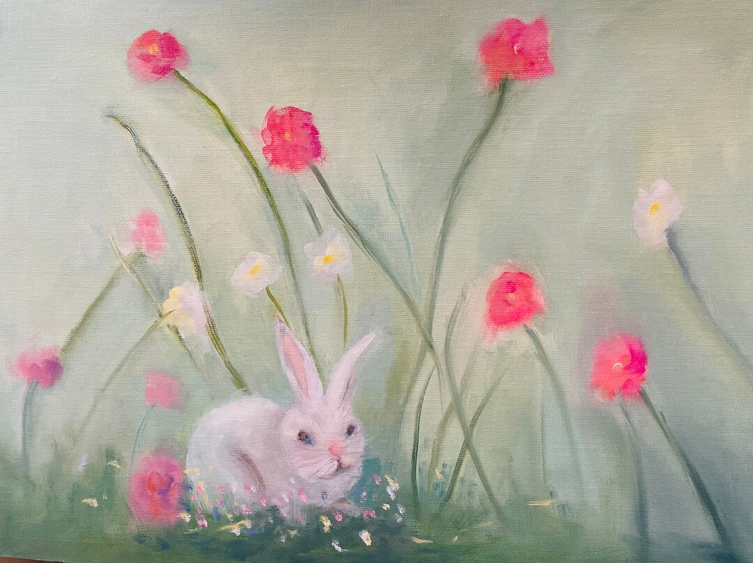 Original Art, Springtime, Oil Painting, Bunny, Flowers, Summer, Animals ...