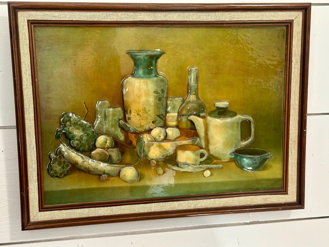 Vintage 3D Metal Still Life Wall Art, Wood Framed MCM Vases Fruit ...