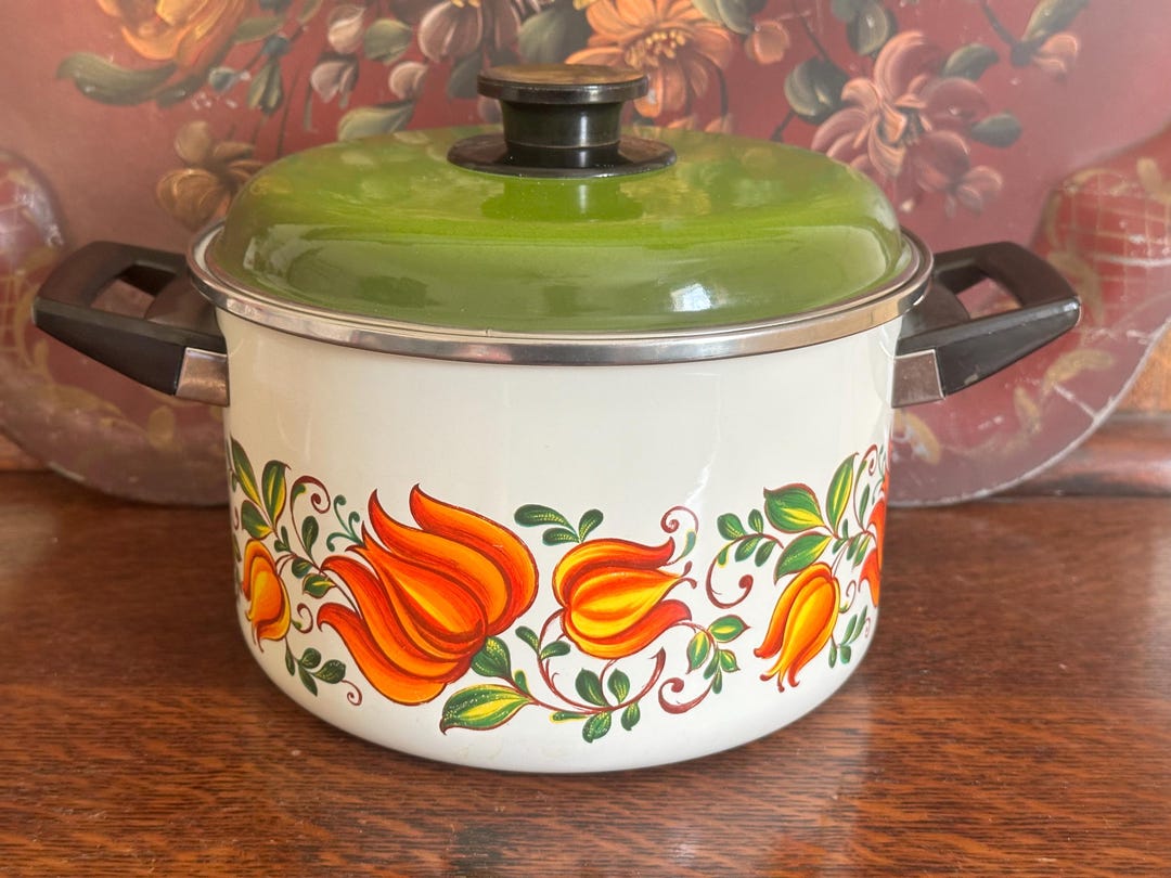 Vintage Enamel Dutch Oven Pot 70s Cookware Orange Floral Retro - Etsy