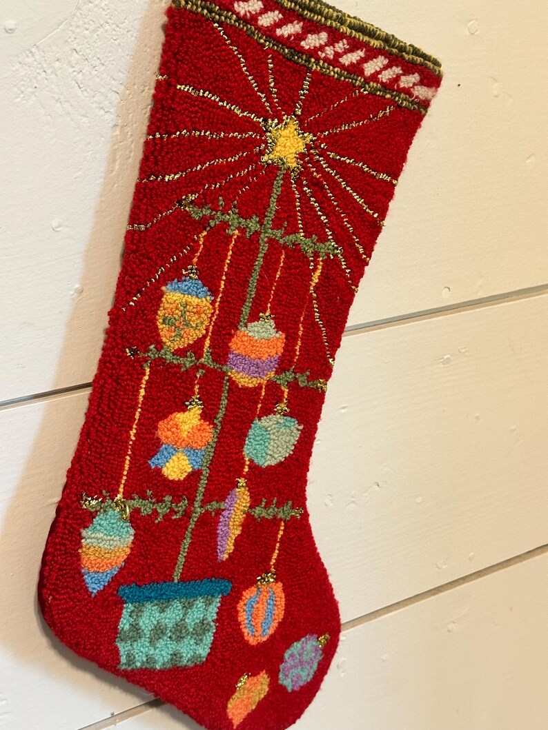 Vintage Latch Hook Style Ornaments Red Stocking Christmas Tree Gold ...
