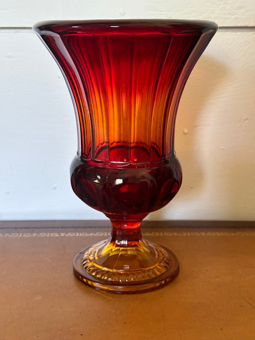 Vintage Amberina Press Glass Heavy Pedestal Vase Mid Century Red Orange ...