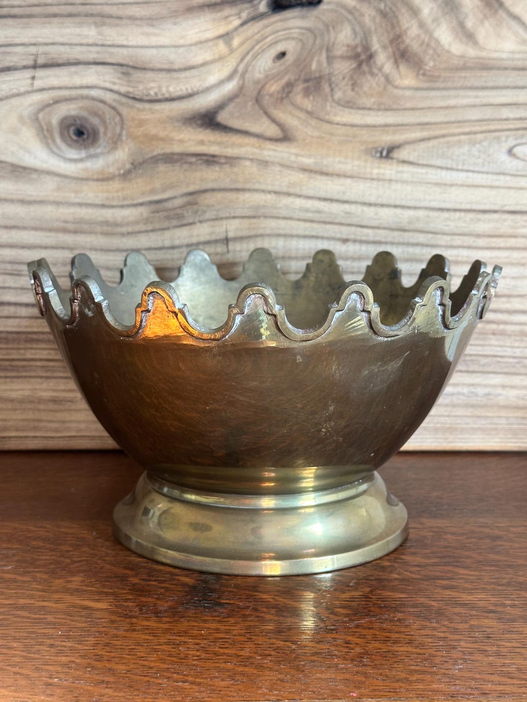 Vintage Scalloped Brass Bowl, Brass Crown, Large Brass Bowl Patina ...