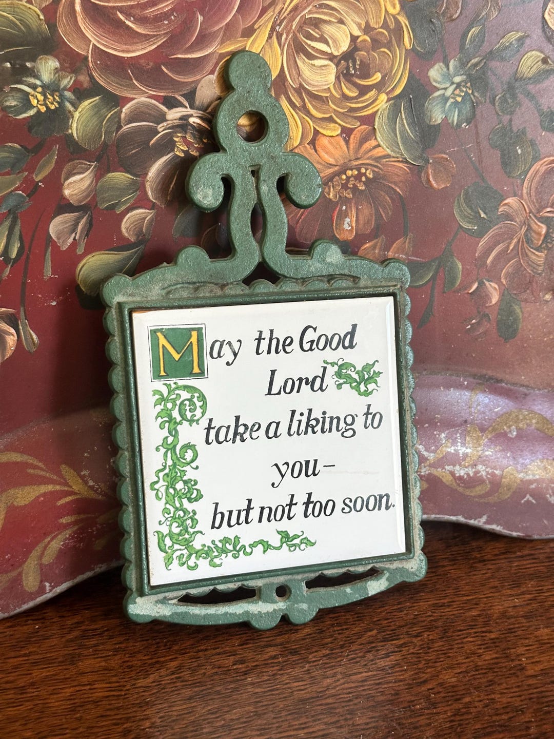 Vintage Cast Iron and Tile Trivet "may the Good Lord Take A Liking to ...