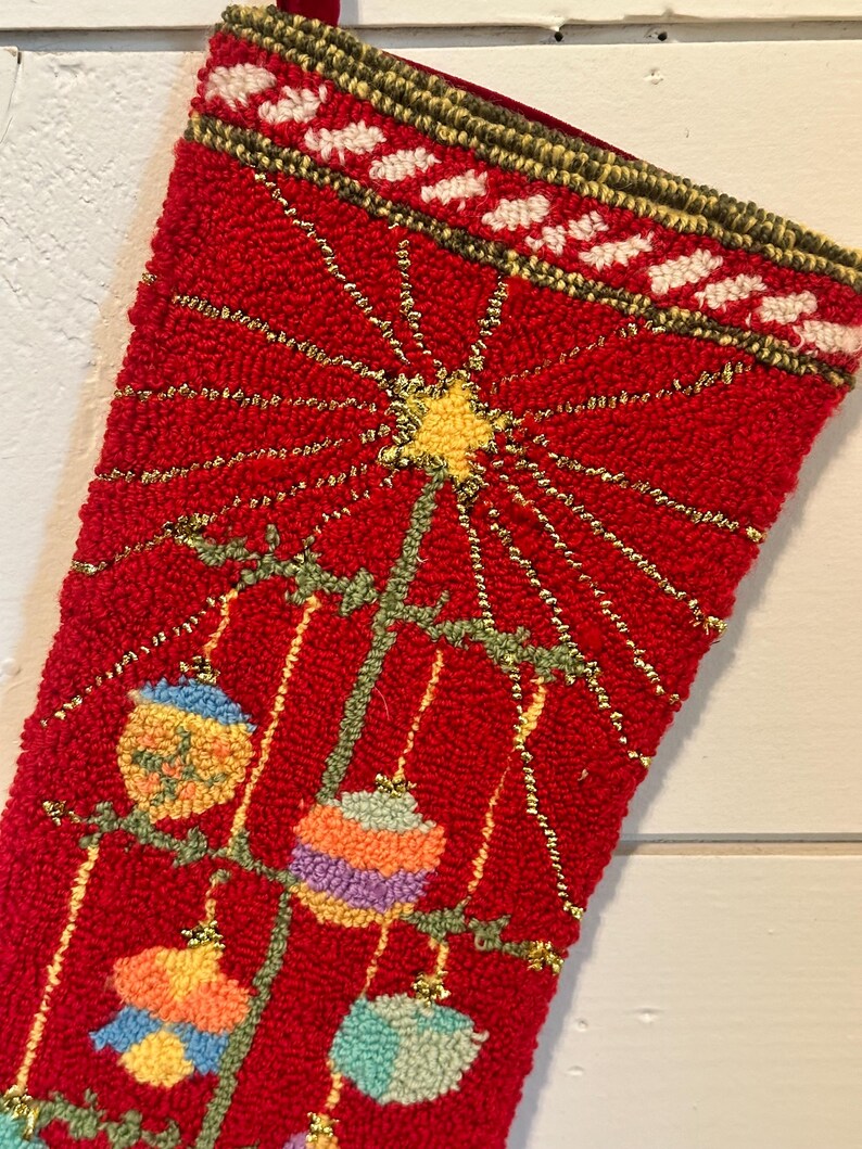 Vintage Latch Hook Style Ornaments Red Stocking Christmas Tree Gold ...