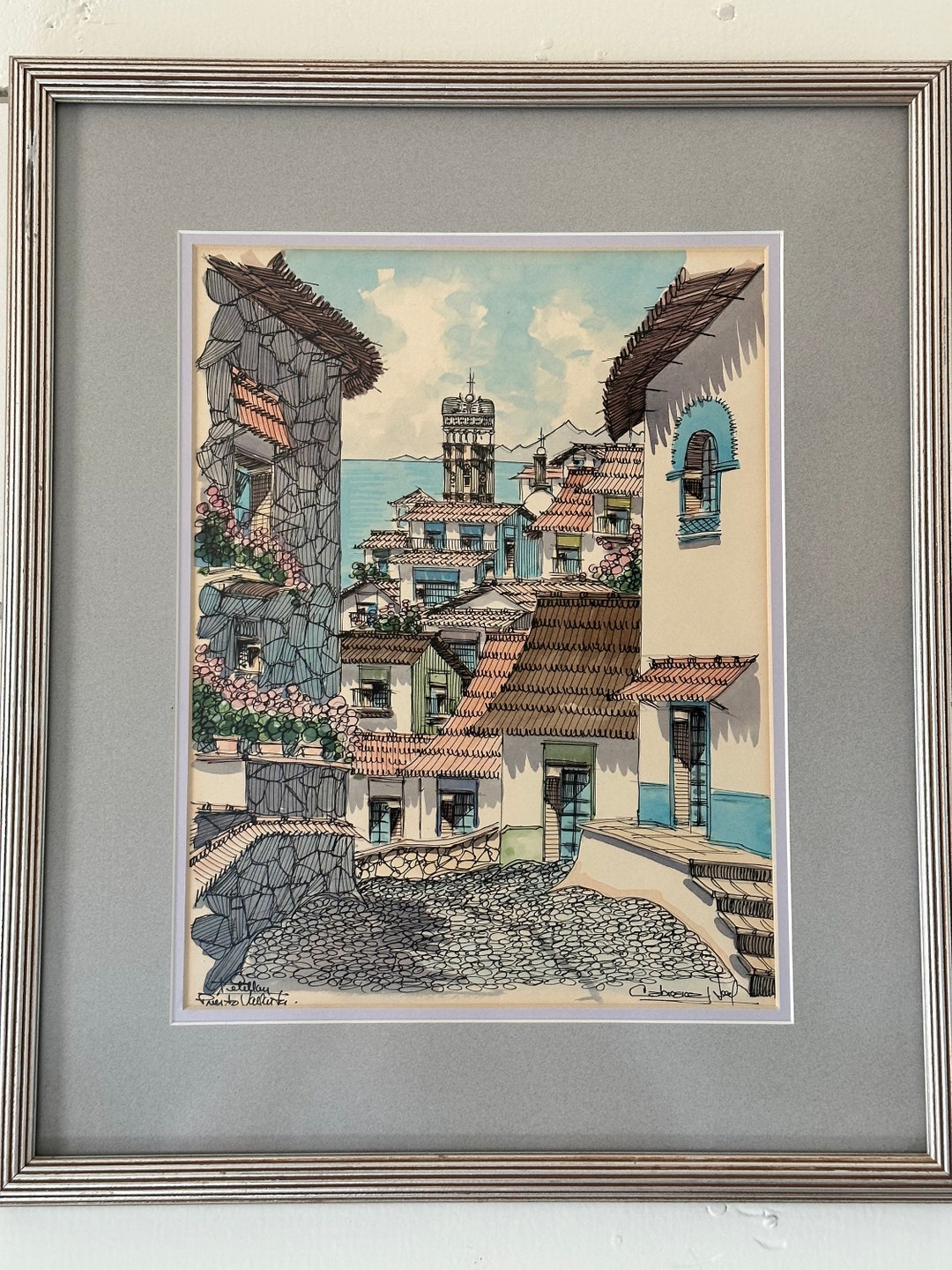 Joel Cabrera 1950’s Watercolor and Ink Painting of Old Town Puerto ...