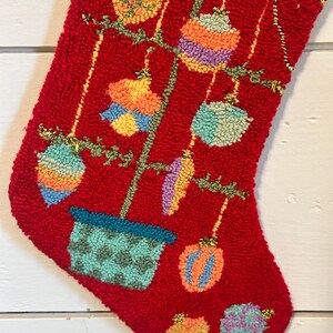 Vintage Latch Hook Style Ornaments Red Stocking Christmas Tree Gold ...