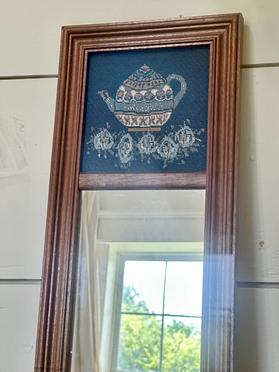 Vintage Mirror With Needlepoint Teapot Trumeau Blue Floral Wood Framed ...