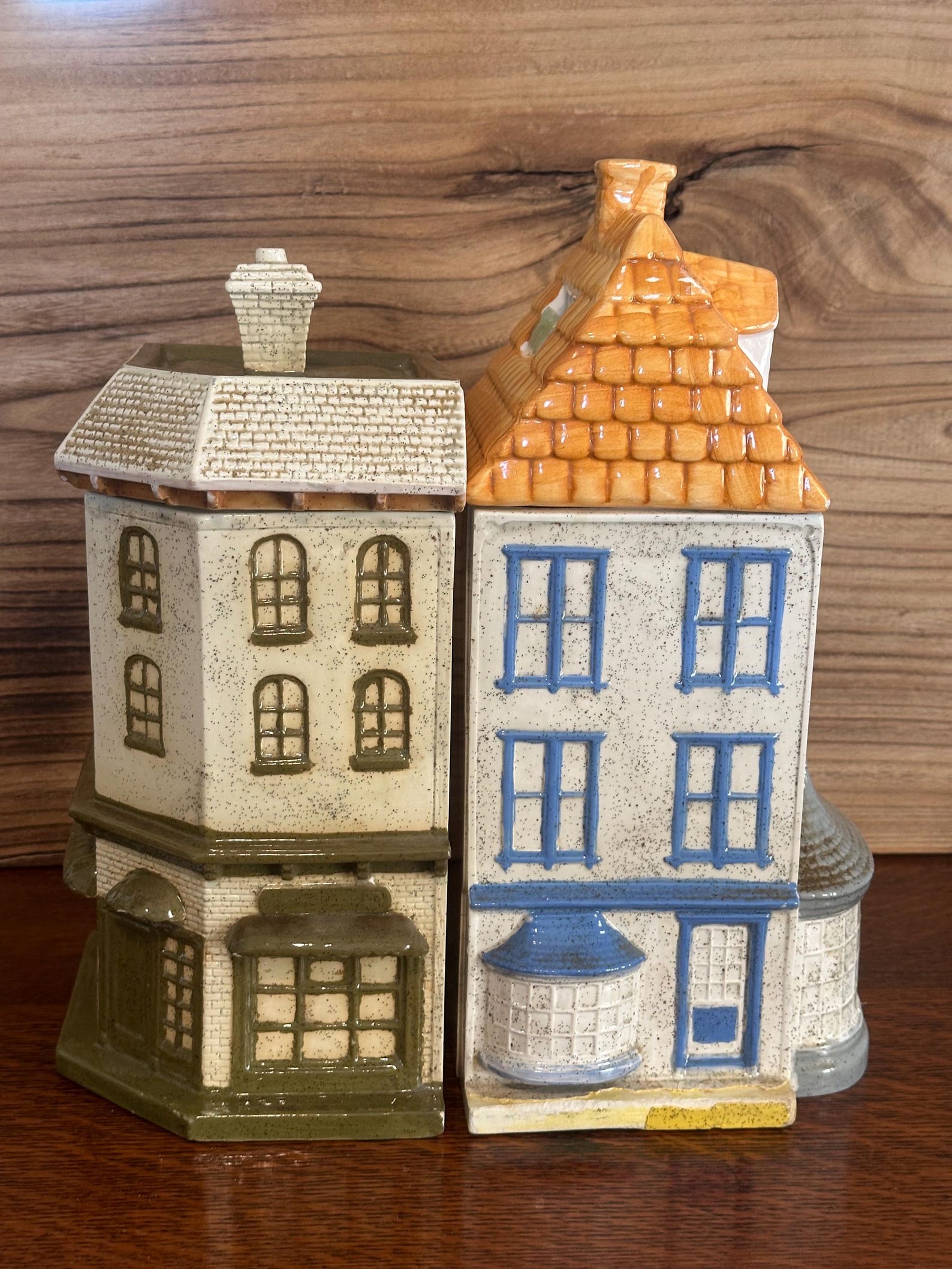 Vintage Set of Ceramic House Shops Store Canisters Village Hand Painted ...