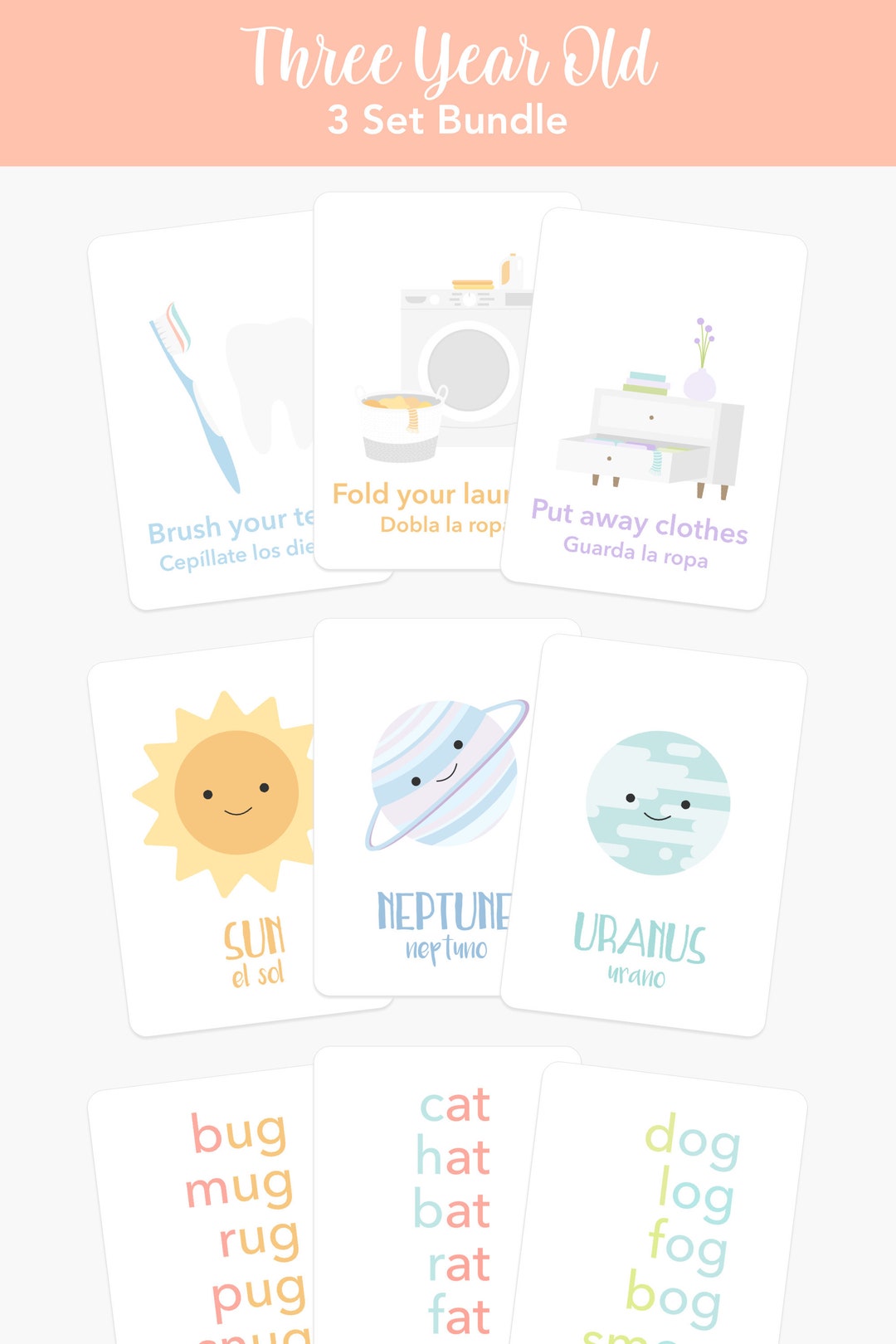 Three Year Old Flash Card Bundle, Third Birthday Gift, Toddler Gift ...