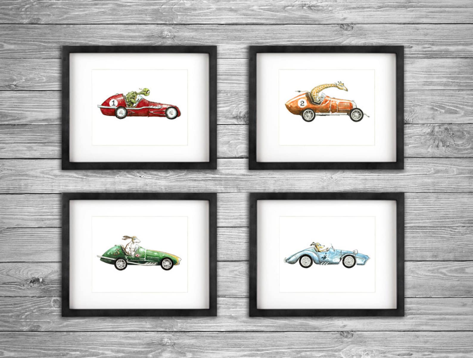 Set of 4 - Vintage Race Car With Animals Driving Watercolor Artwork ...