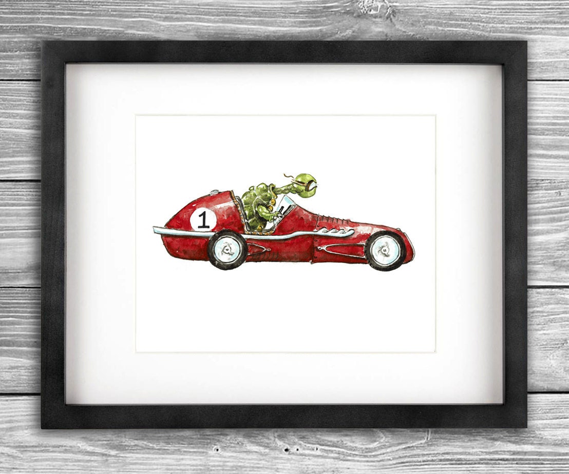 Vintage Race Car With Turtle Driving Watercolor Artwork Print Boys ...