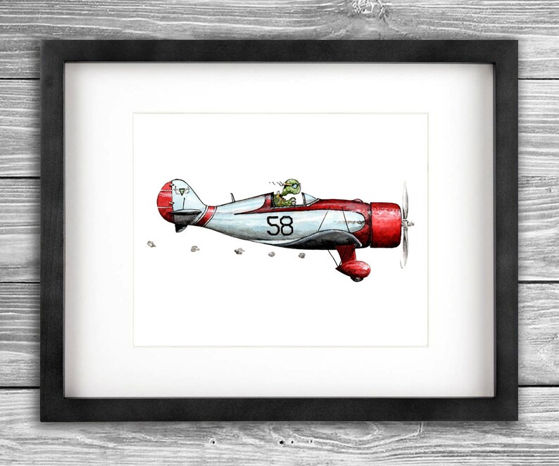 Vintage Airplane With Turtle Pilot Watercolor Artwork Print Boys ...