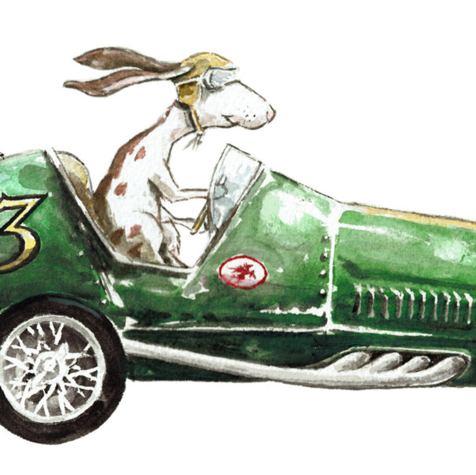 Vintage Race Car With Bunny Driving Watercolor Artwork Print Boys ...