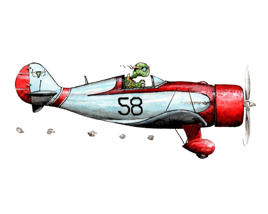 Vintage Airplane With Turtle Pilot Watercolor Artwork Print Boys ...
