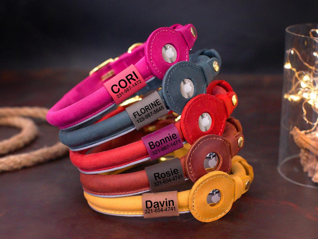 Rolled Leather Dog Collar With AirTag Holder, Reflective Round AirTag ...