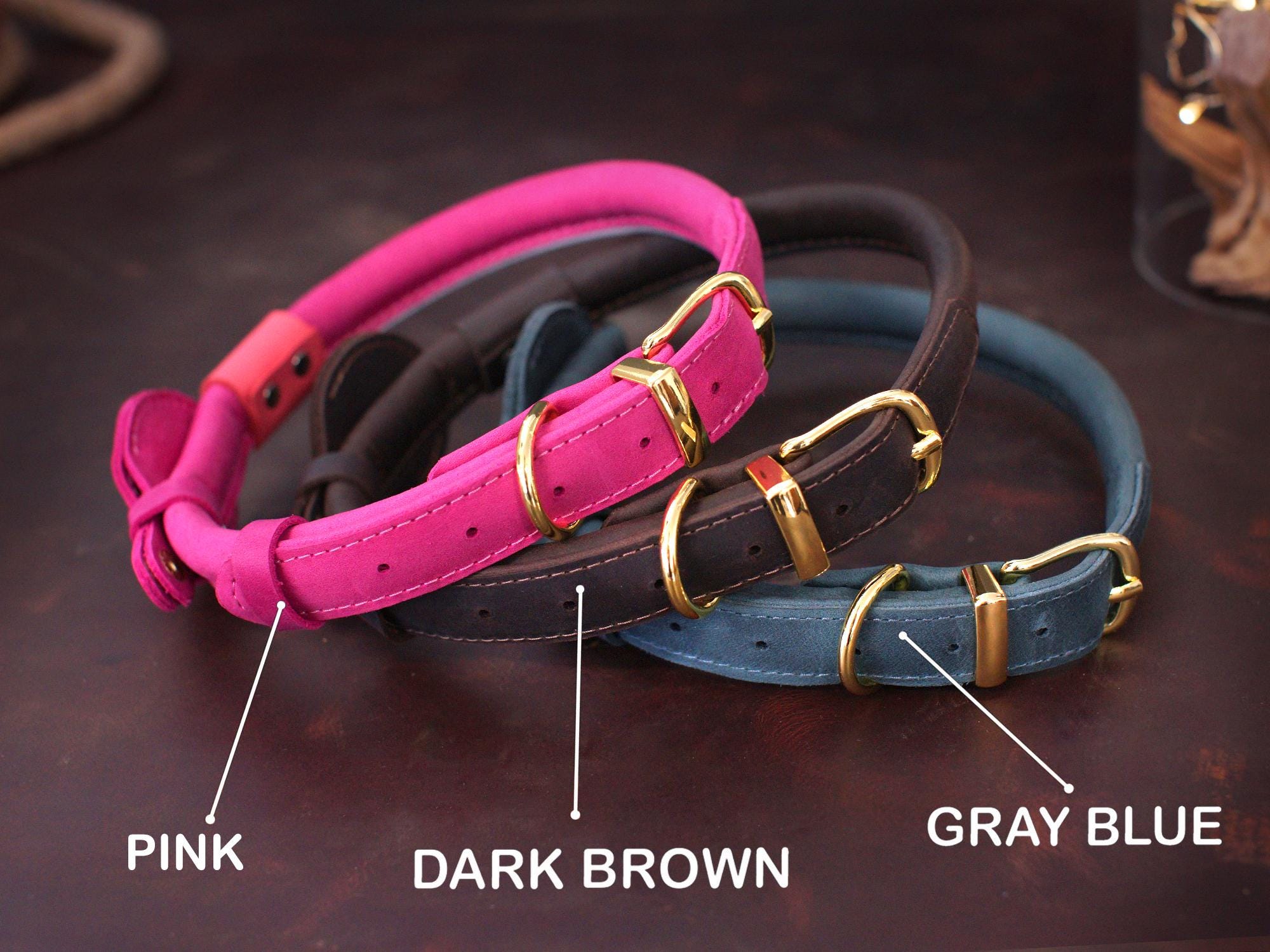 Rolled Leather Dog Collar With AirTag Holder, Reflective Round AirTag ...