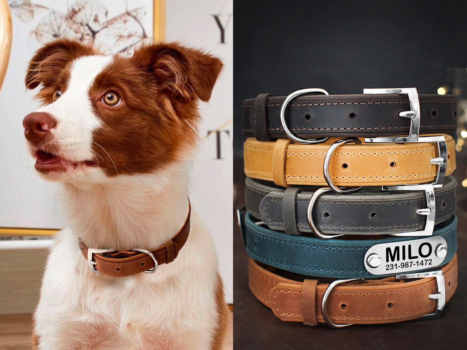 Genuine Leather Dog Collar With Metal ID Tag, Custom Pet Collar for Boy ...