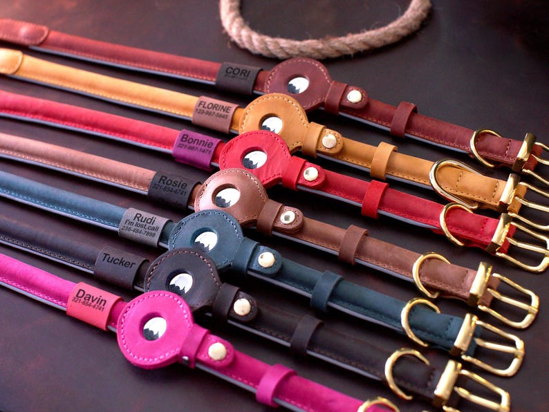 Rolled Leather Dog Collar With AirTag Holder, Reflective Round AirTag ...