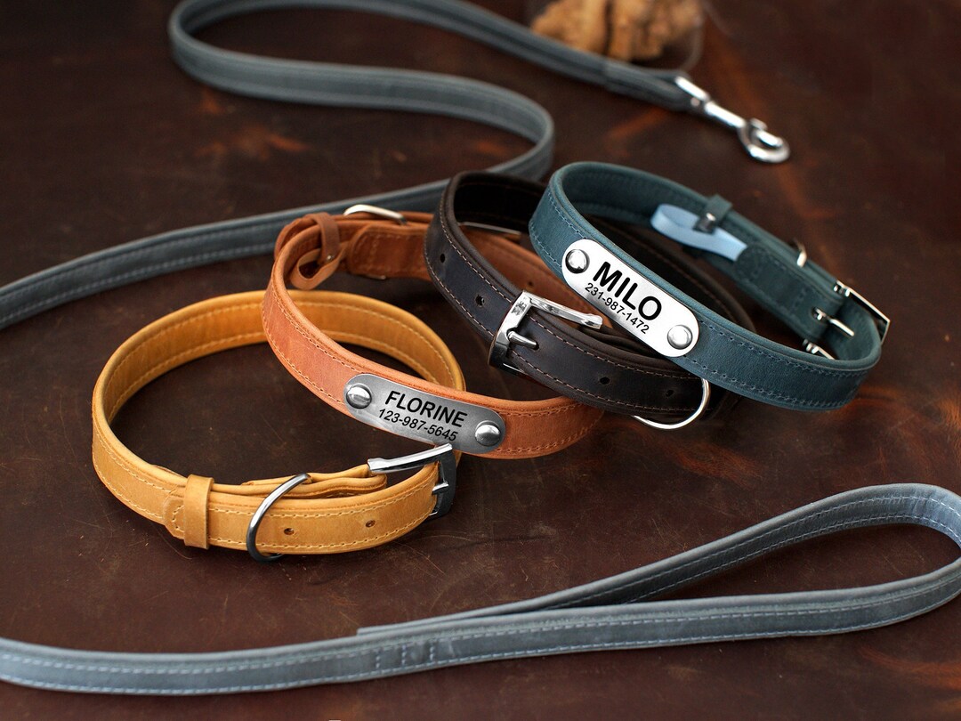 Genuine Leather Dog Collar With Metal ID Tag, Custom Pet Collar for Boy ...