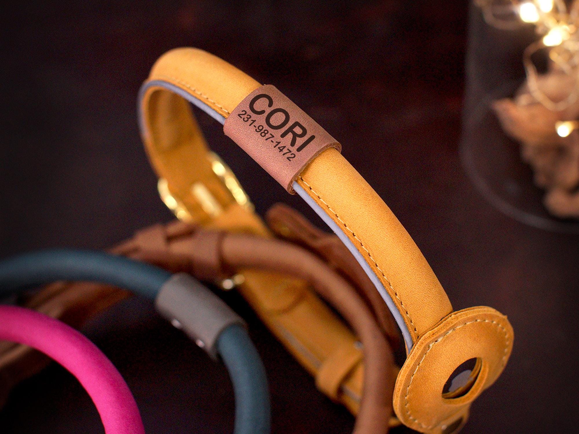 Rolled Leather Dog Collar With AirTag Holder, Reflective Round AirTag ...