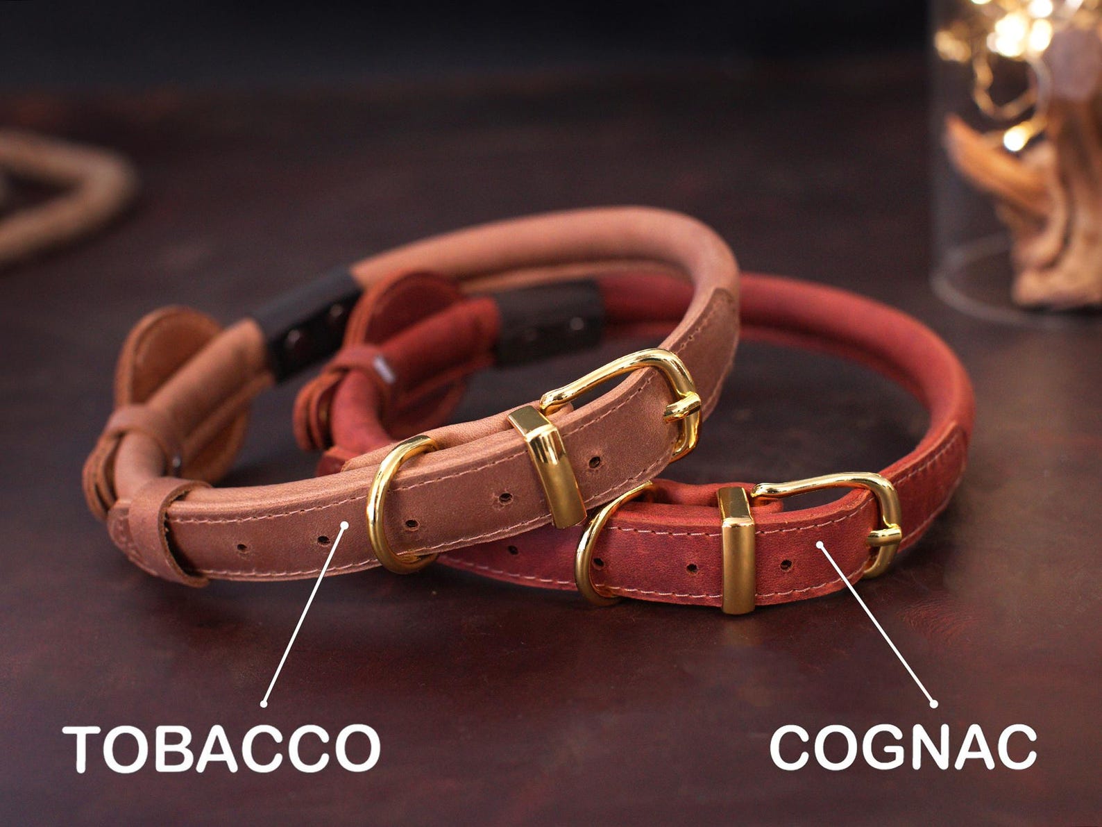 Rolled Leather Dog Collar With AirTag Holder, Reflective Round AirTag ...