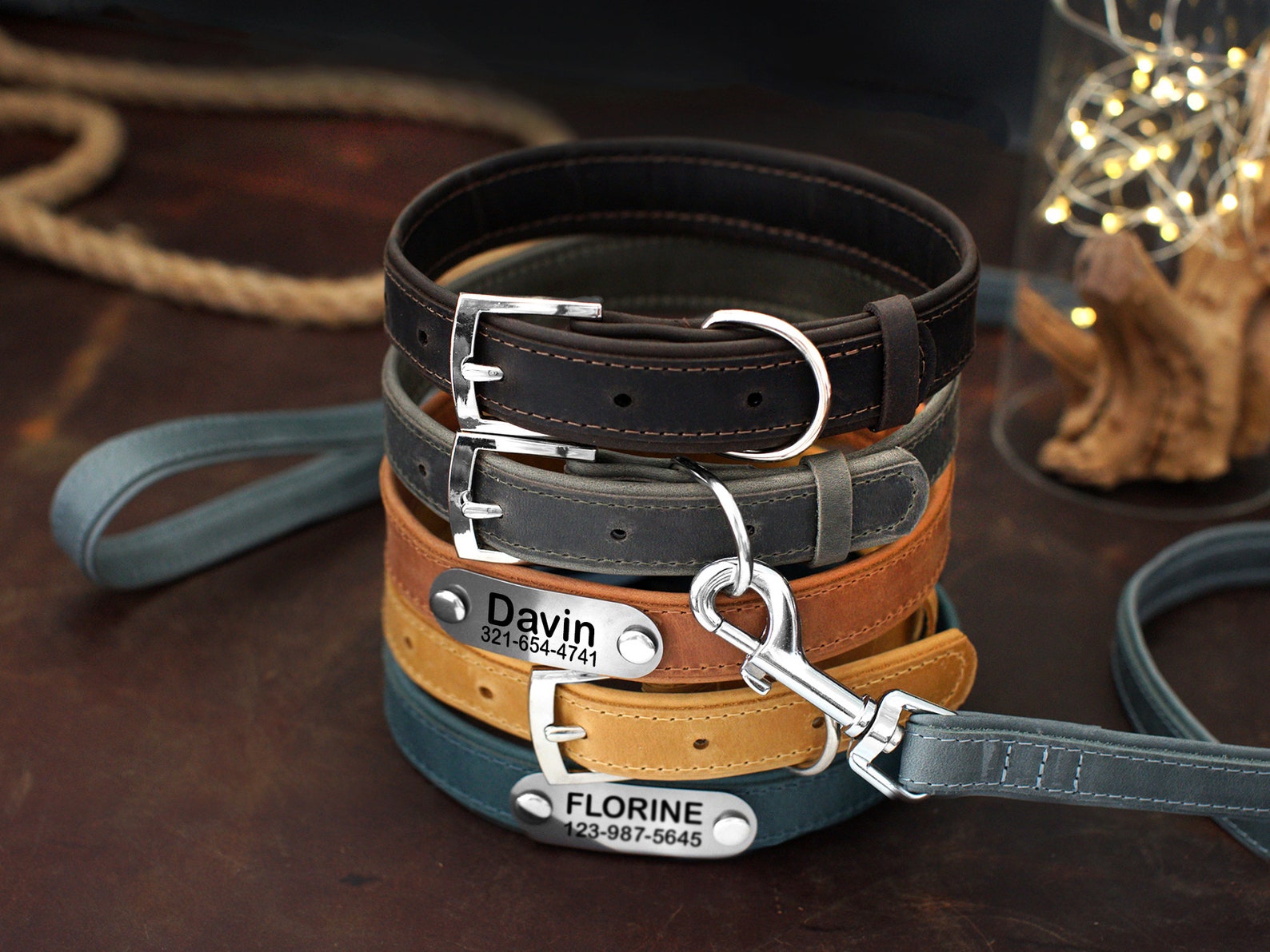 Genuine Leather Dog Collar With Metal ID Tag, Custom Pet Collar for Boy ...