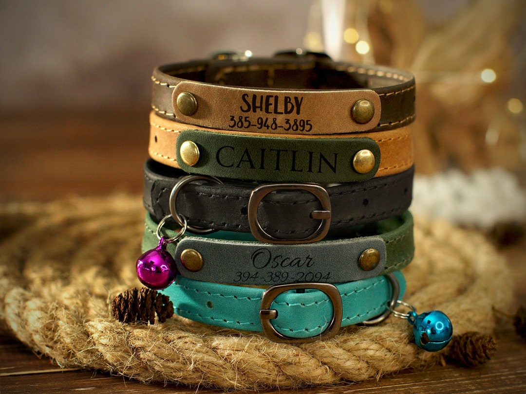 Leather Cat Collar With Bell, Cat Collar Personalized, Cute Kitten ...