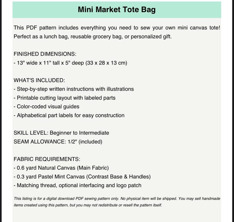 Mini Market Tote Bag Pattern and Instruction Booklet - PDF Instant ...