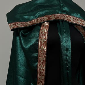 Dark Green Satin Hooded Medieval Cape With Trim, Green Cosplay Hooded Capelet, Green Elven ...