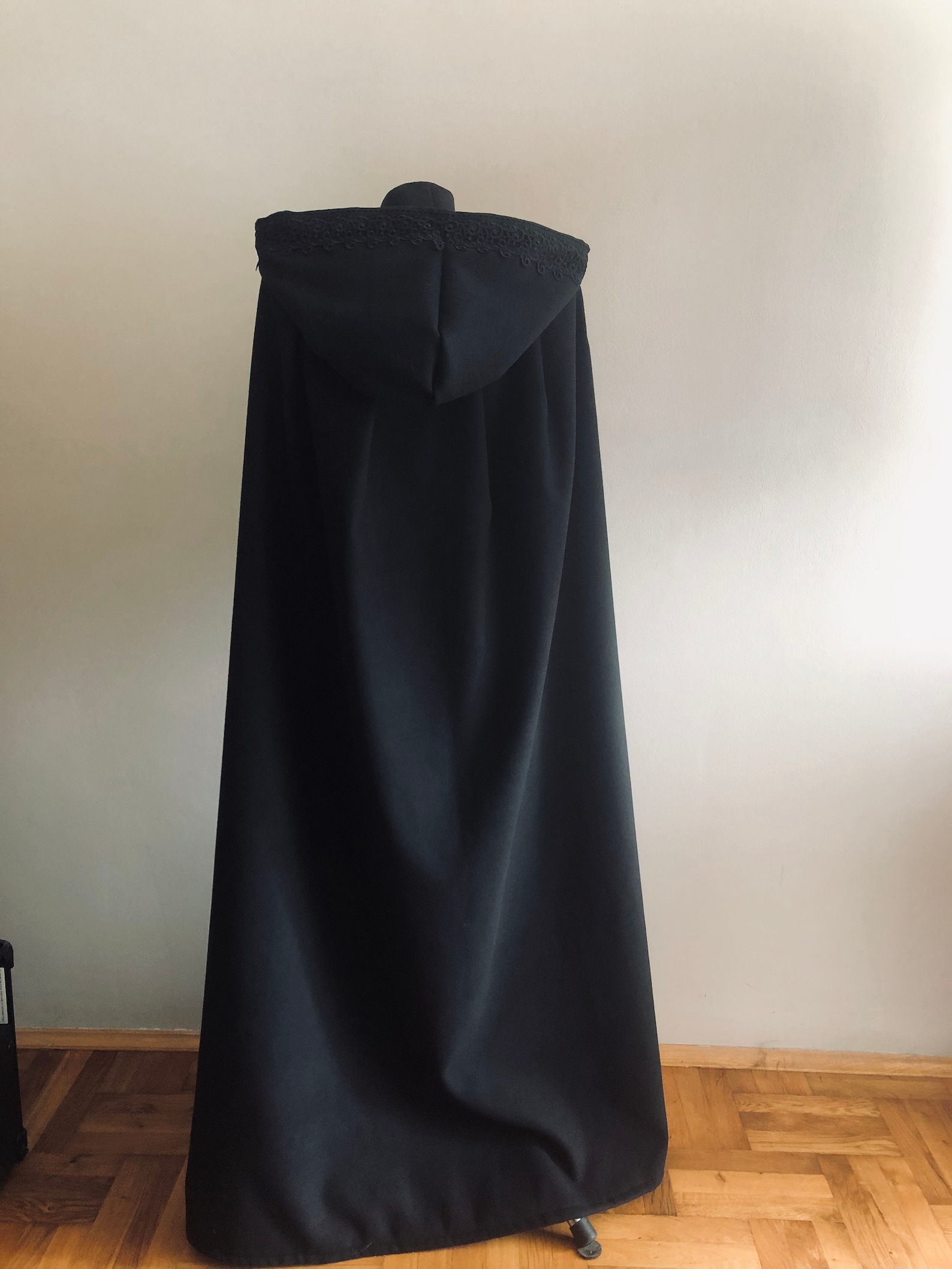 Black Wool Hooded Cloak With Lace Wool Hooded Coat Lace - Etsy