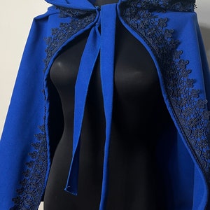 Electric Blue Wool Cape With Lace, Wool Capelet With Lace, Spring Cape ...