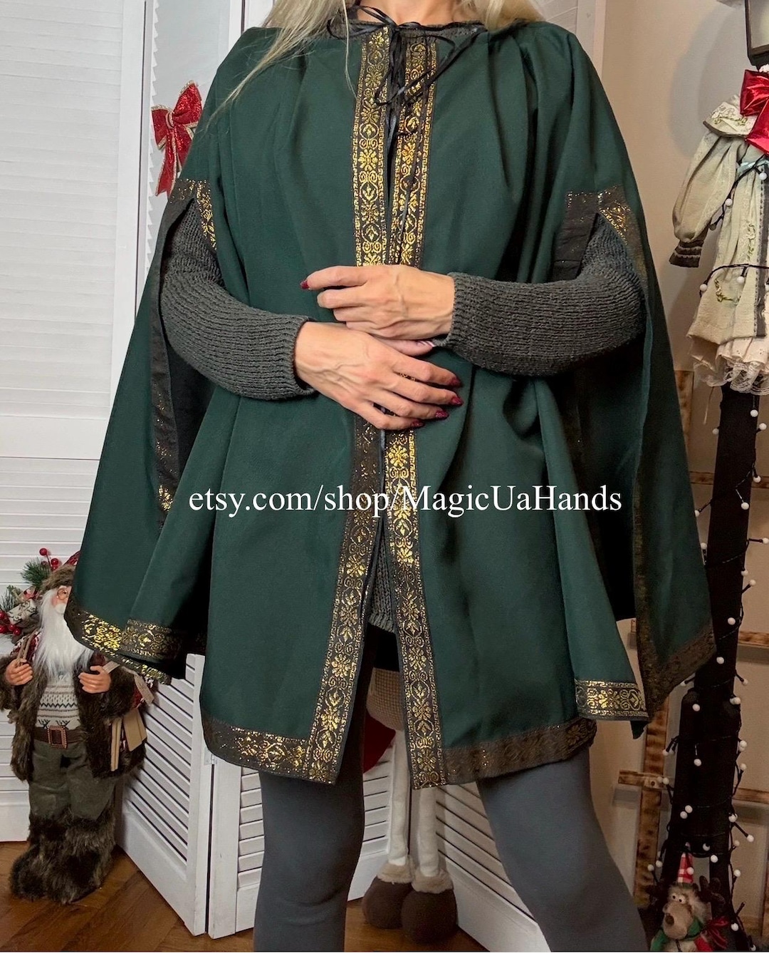 Celtic Viking Cape, Victorian Dark Green Capelet, Arm Slits Cape, One ...