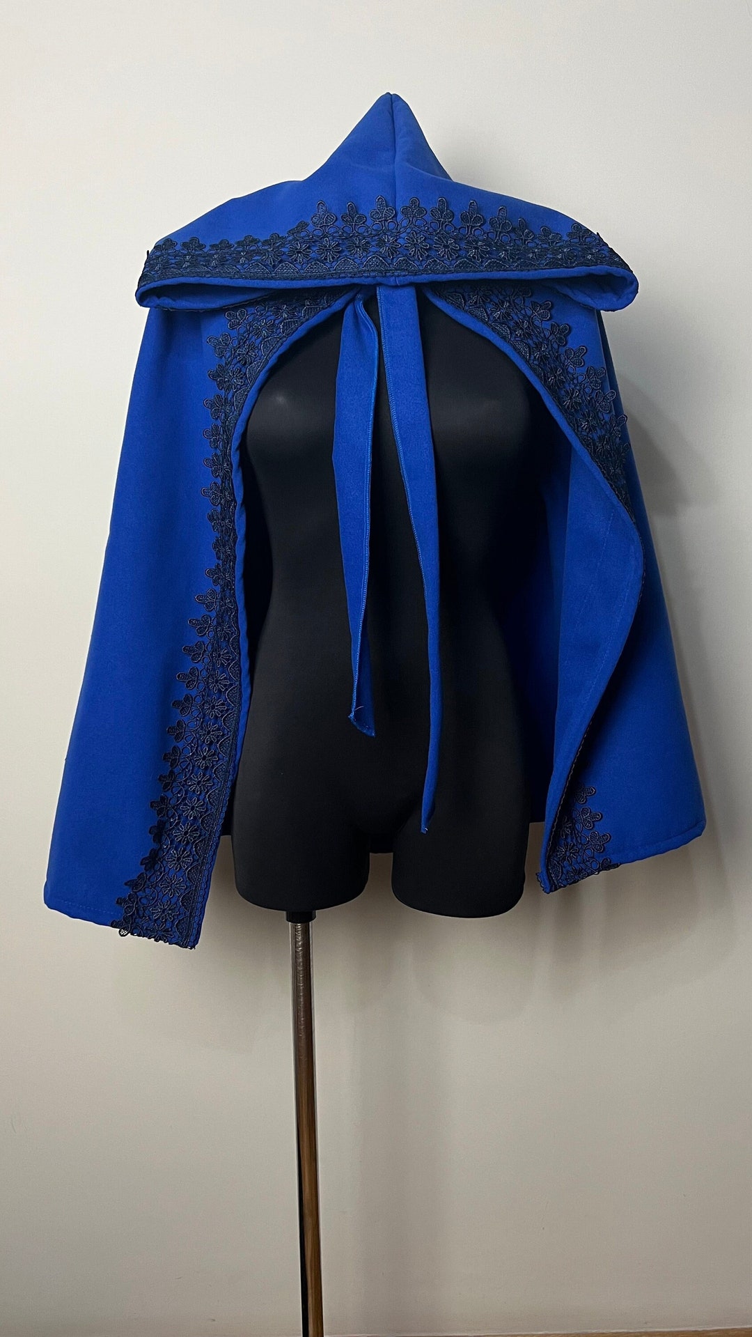 Electric Blue Wool Cape With Lace, Wool Capelet With Lace, Spring Cape ...
