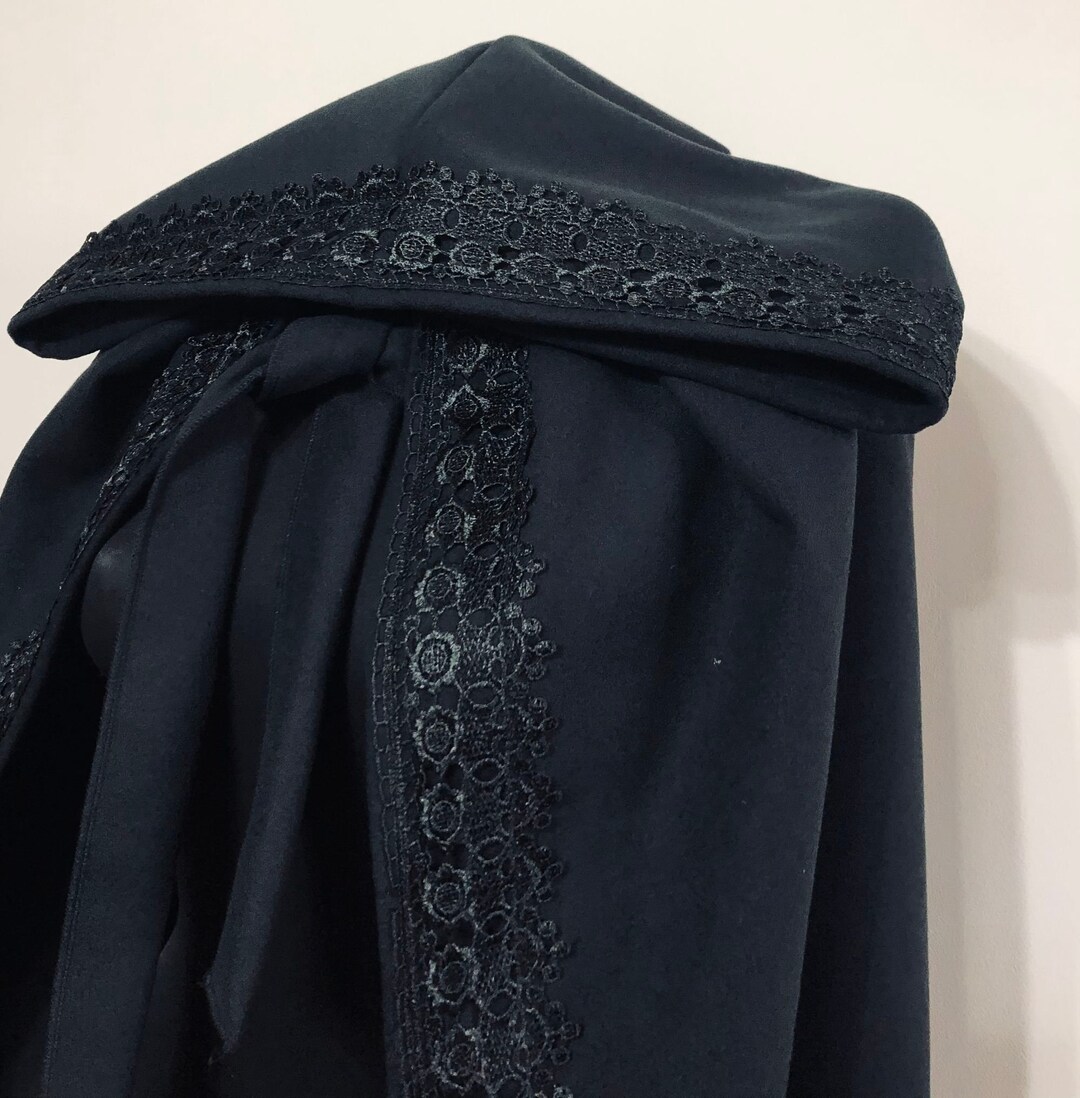 Black Wool Hooded Cloak With Lace, Wool Hooded Coat Lace, Halloween ...