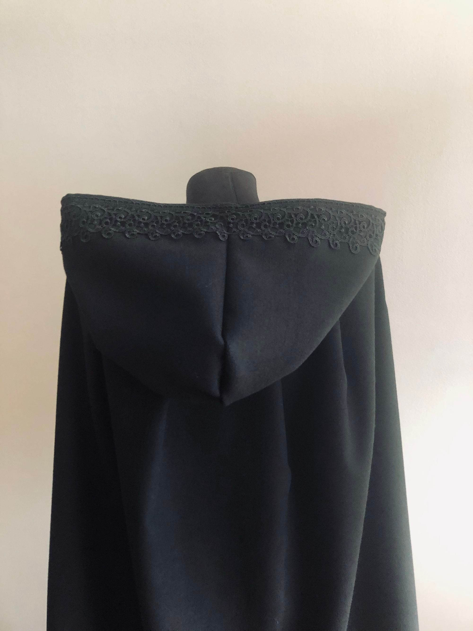 Black Wool Hooded Cloak with Lace Wool Hooded Coat Lace | Etsy