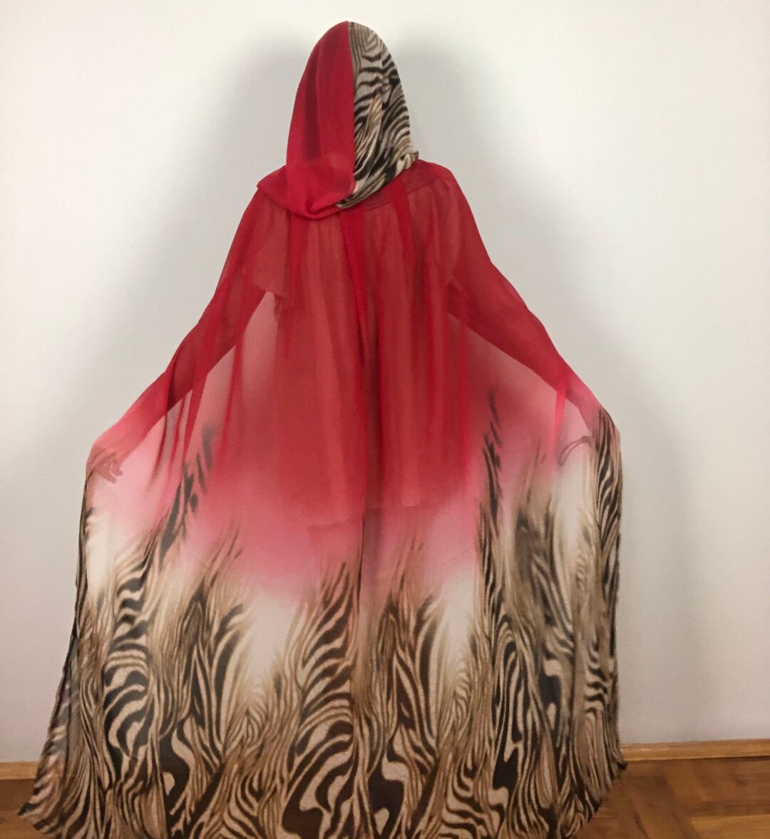 Red Tiger Print Chiffon Hooded Cloak, Red Long Cloak, Red Wedding Cape ...