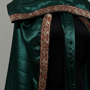Dark Green Satin Hooded Medieval Cape With Trim, Green Cosplay Hooded ...