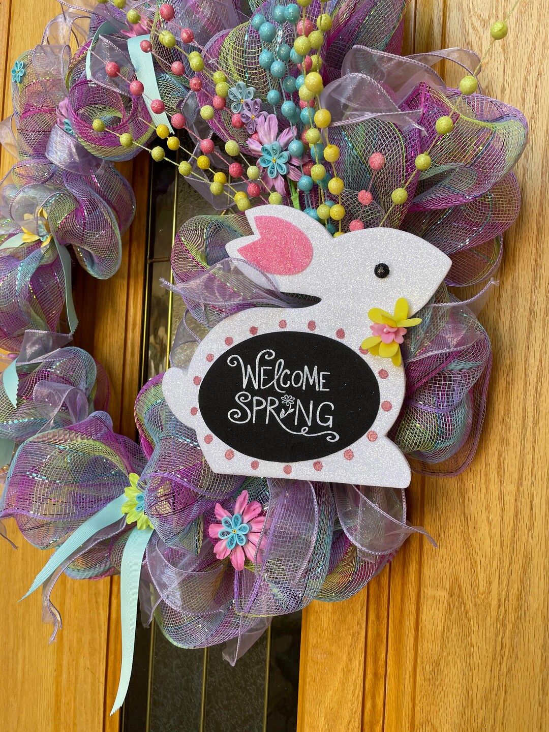 Spring Bunny Welcome Wreath, Mesh Easter Door Decor, Welcome Spring ...