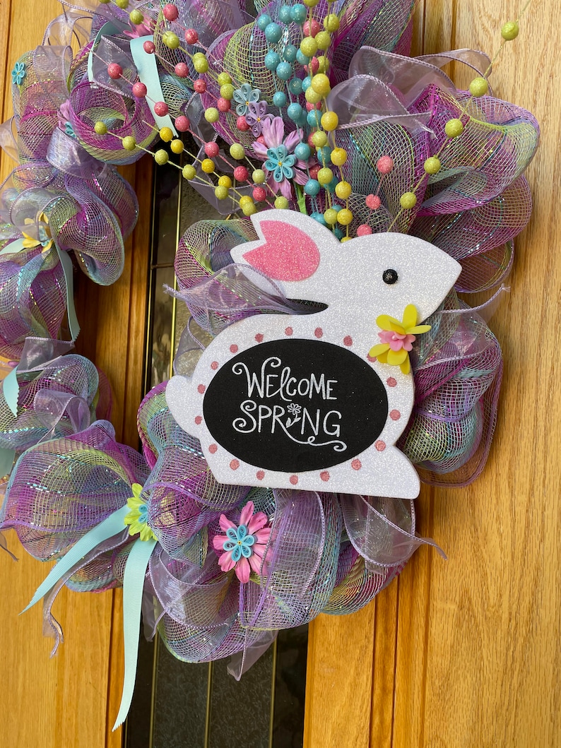 Spring Bunny Welcome Wreath, Mesh Easter Door Decor, Welcome Spring ...