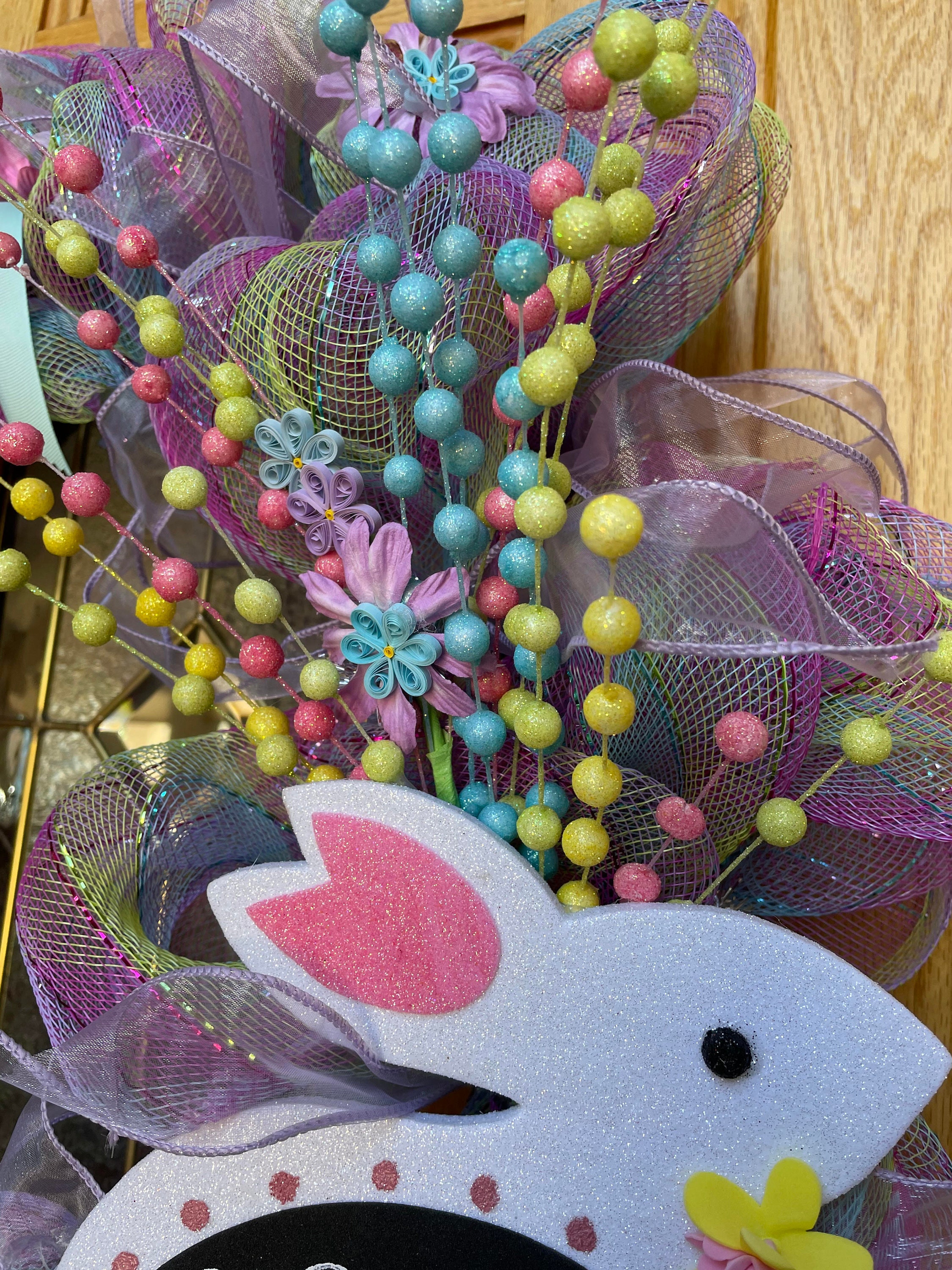Spring Bunny Welcome Wreath, Mesh Easter Door Decor, Welcome Spring ...