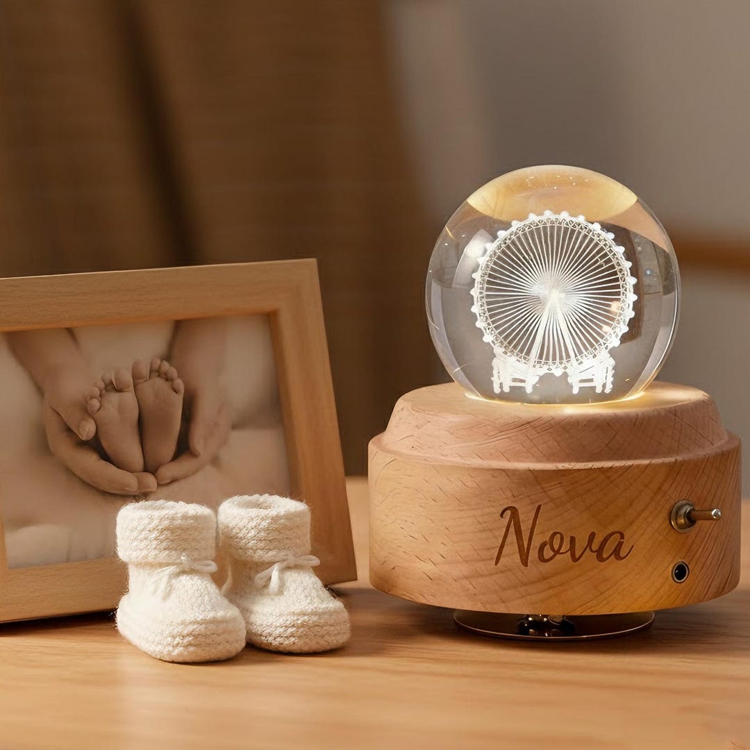 Personalized Wooden Crystal Ball Music Box–a First Keepsake Gift for ...