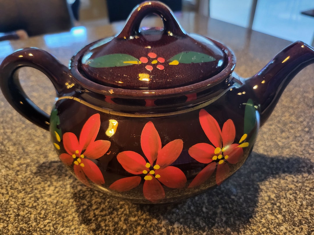 1940's Royal Canadian Art Pottery Brown Coffee Pot W Hand Painted Red ...